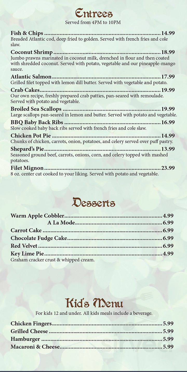 Menu for T J Carney's in Venice, FL | Sirved