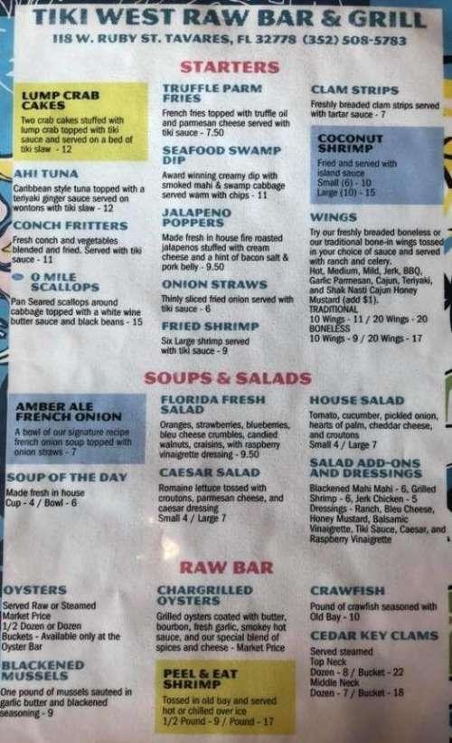 Tiki West Raw Bar and Grill menu in Tavares, Florida, USA