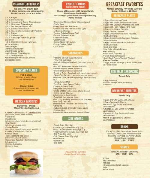 Everest Burgers menu in Glendale, California, USA