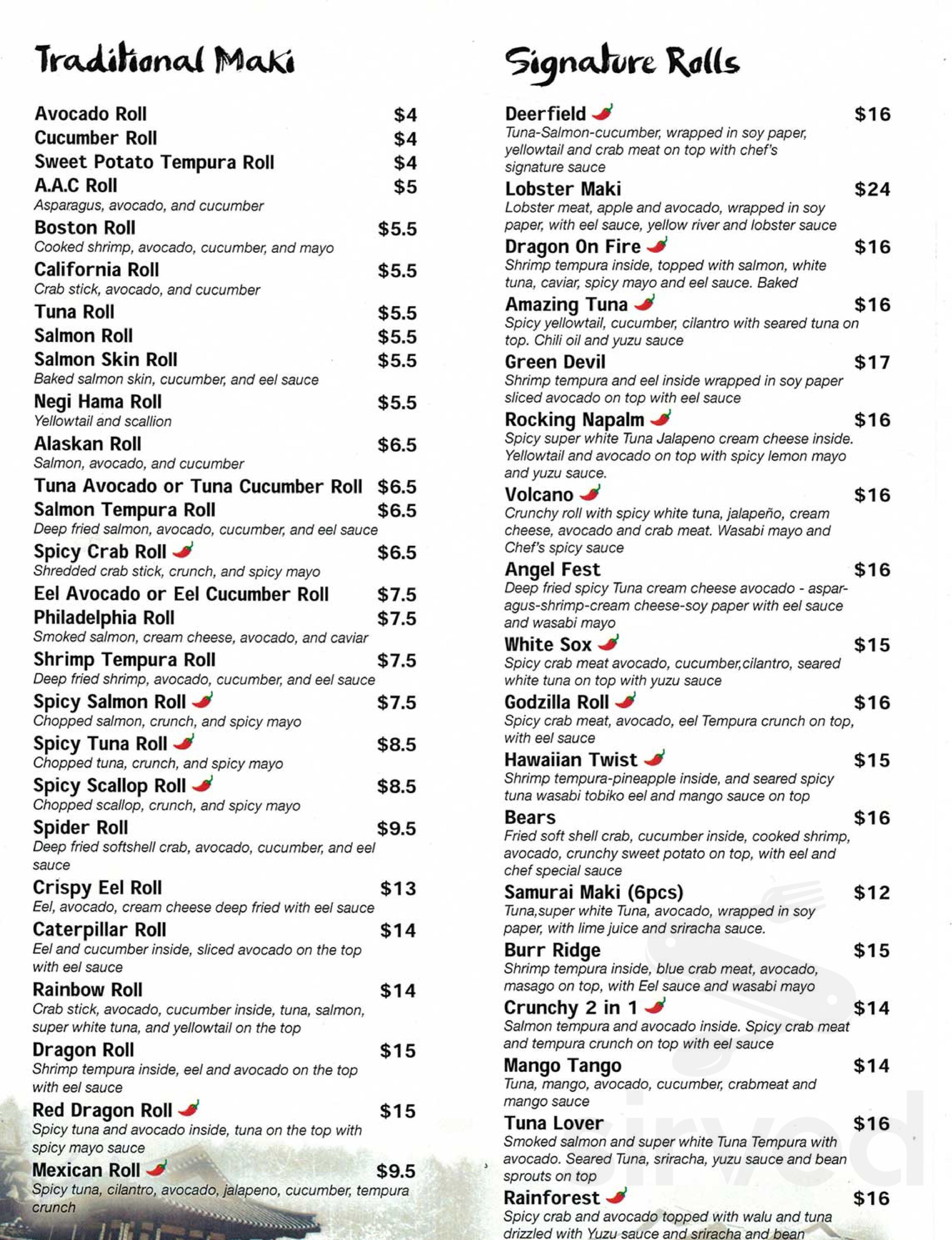 Dao Sushi and Thai menu in Burr Ridge, Illinois, USA