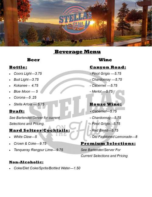 Stella's On The Hill menu in Coeur d'Alene, Idaho, USA