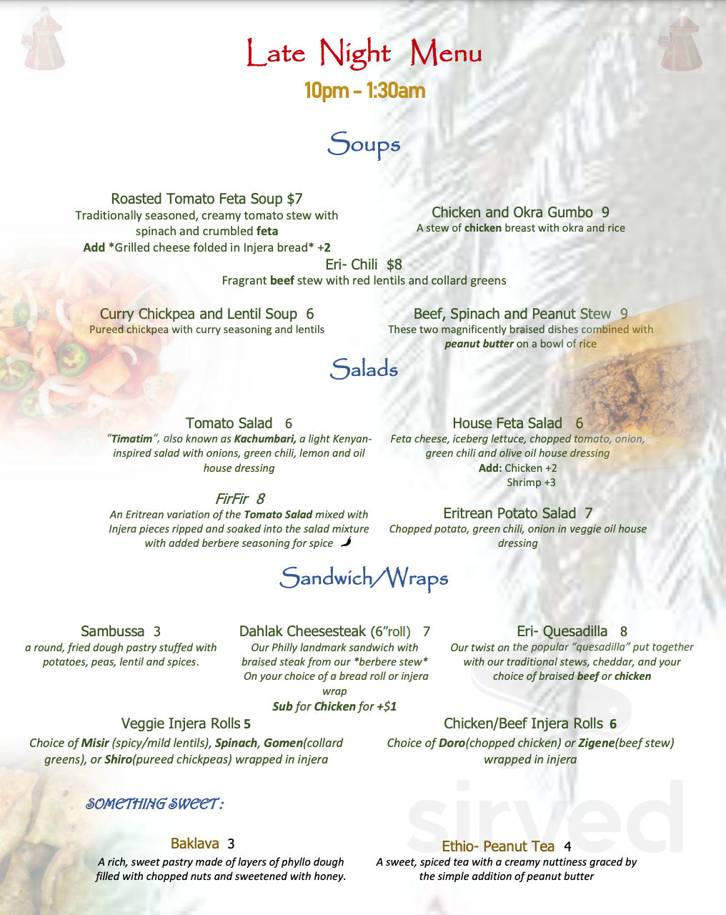 Dahlak menu in Philadelphia, Pennsylvania, USA