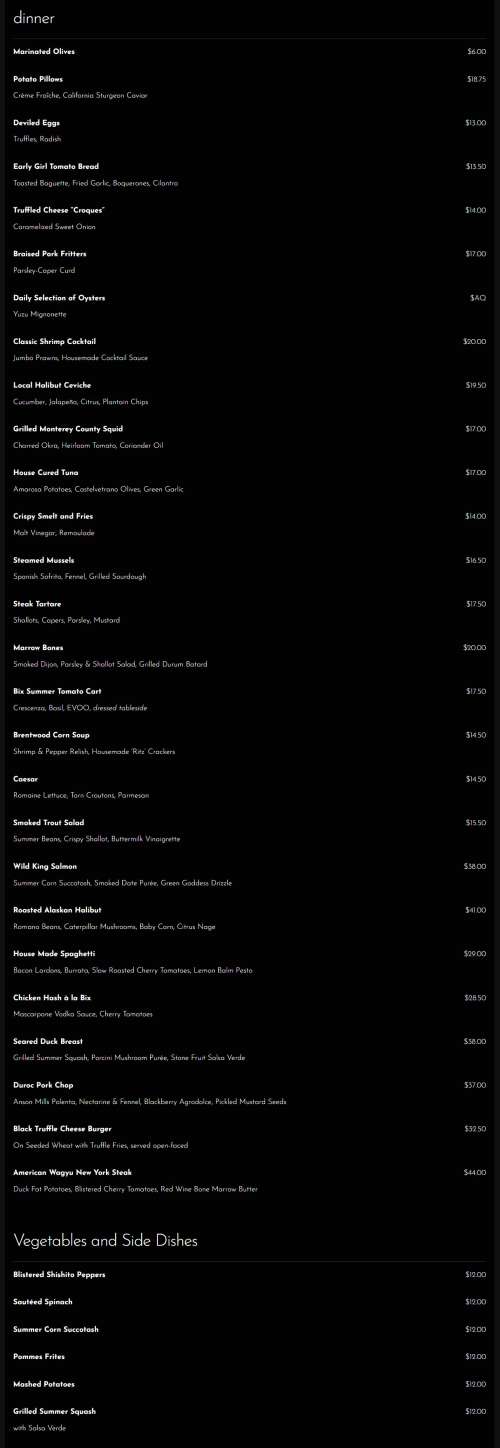 Bix menu in San Francisco, California, USA