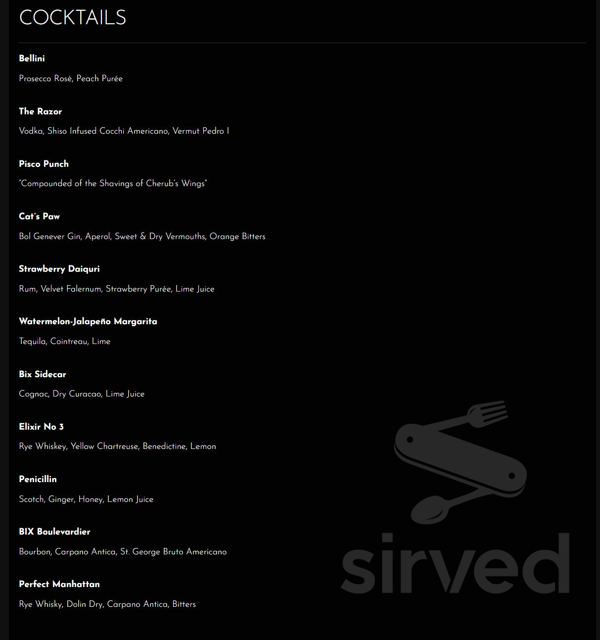 Bix menu in San Francisco, California, USA