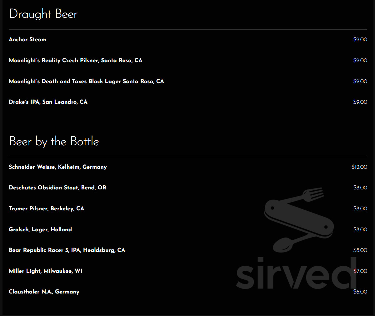 Bix menu in San Francisco, California, USA