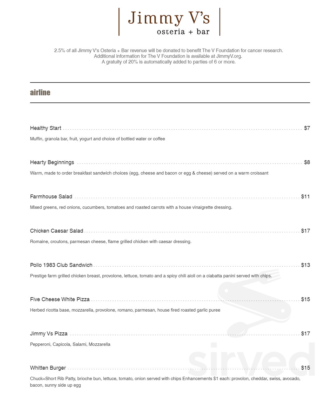 Menu for Jimmy V's Osteria & Bar in Raleigh, NC | Sirved