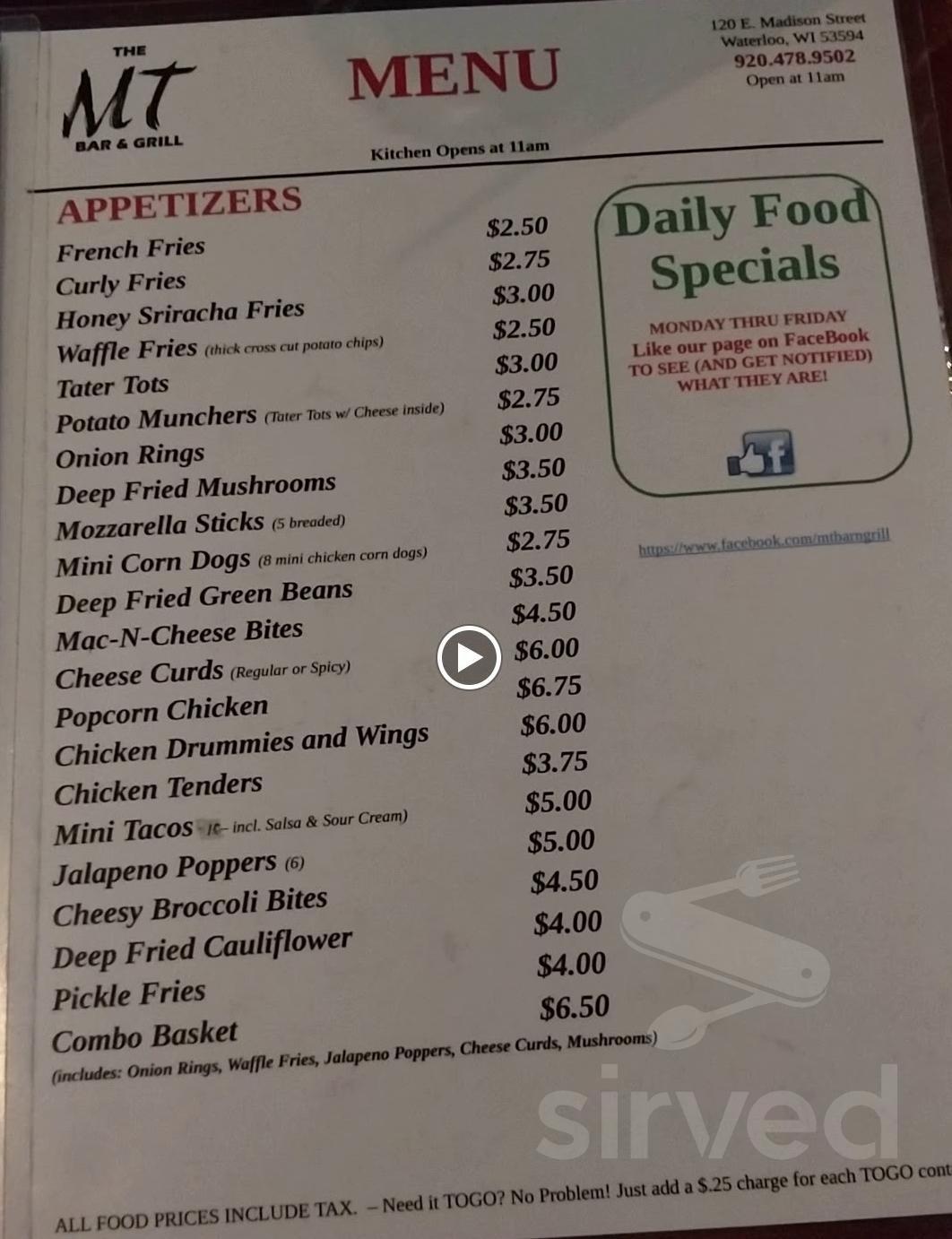 Menu - Waterloo WI's Mt Bar | Sirved
