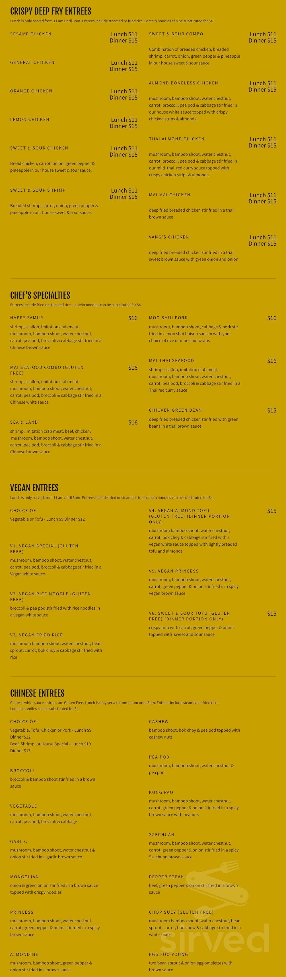 Menu for Mai Mai Asian Cuisine in Grayling, MI | Sirved