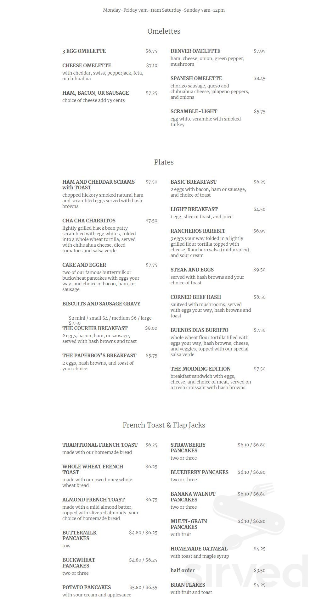 The Courier Café menu in Urbana, Illinois, USA