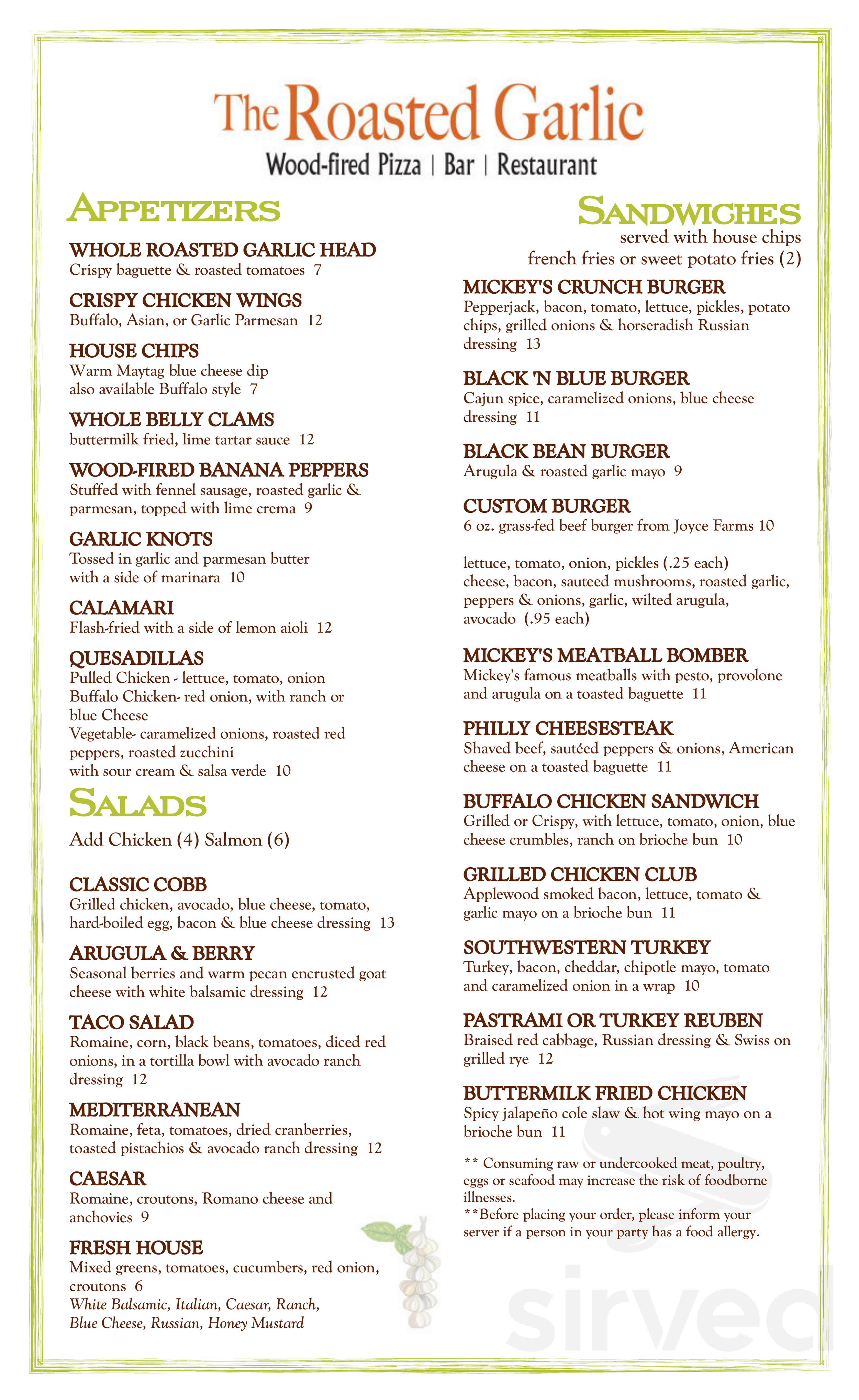 Roasted Garlic Menu - Pittsfield, Massachusetts | Sirved