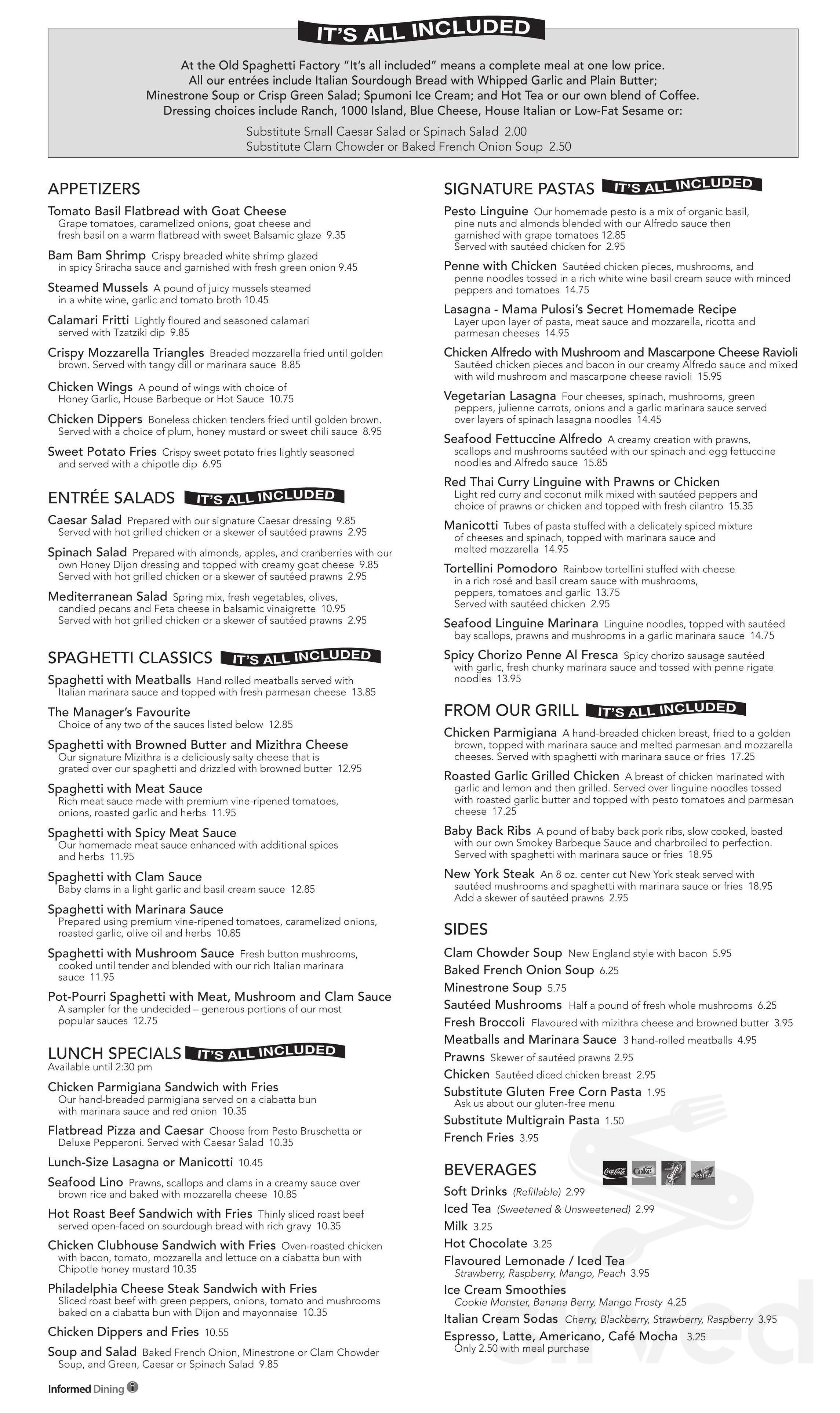 Menu for The Old Spaghetti Factory in Toronto, ON | Sirved
