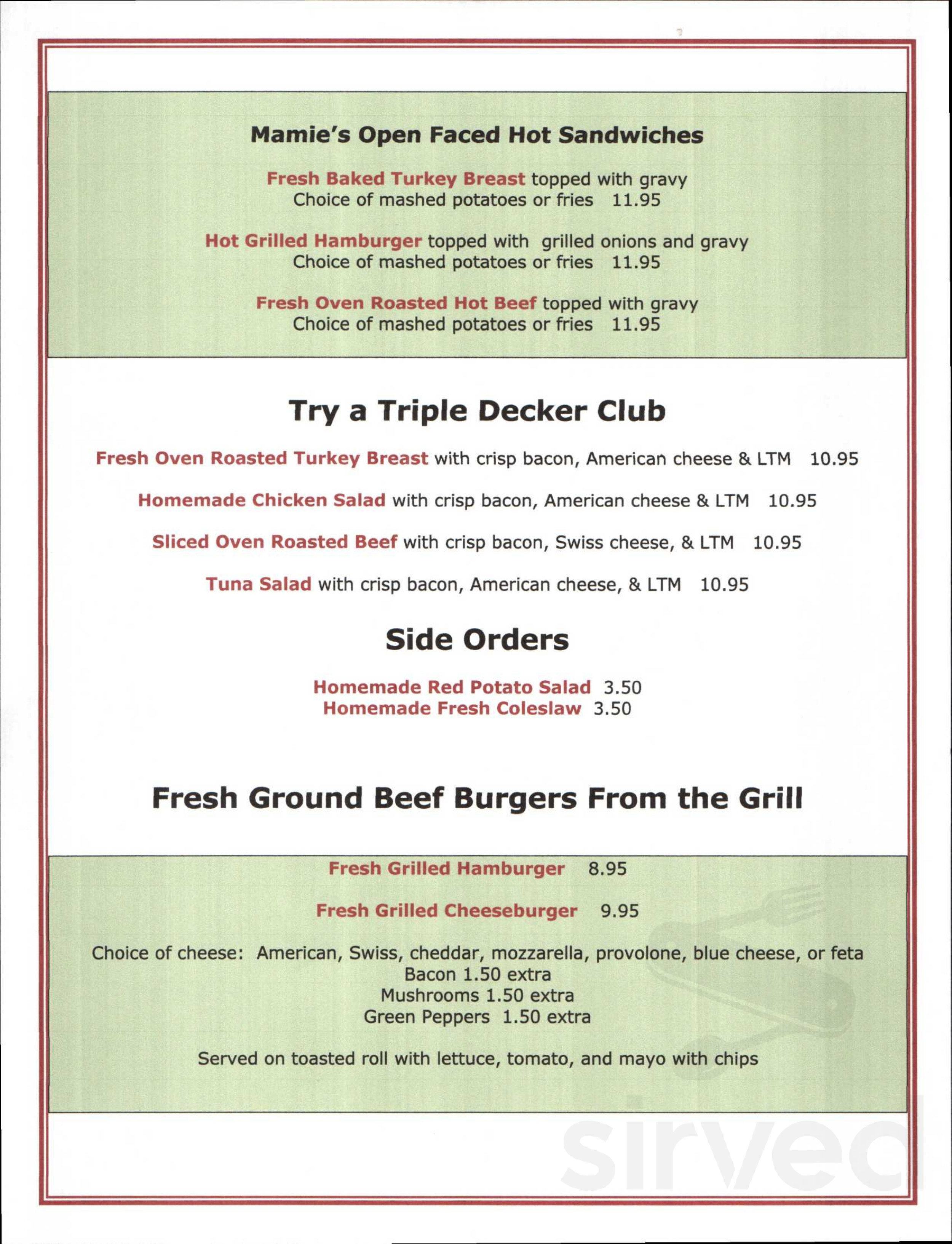 Mamie's Cafe menu in Aberdeen, Maryland, USA