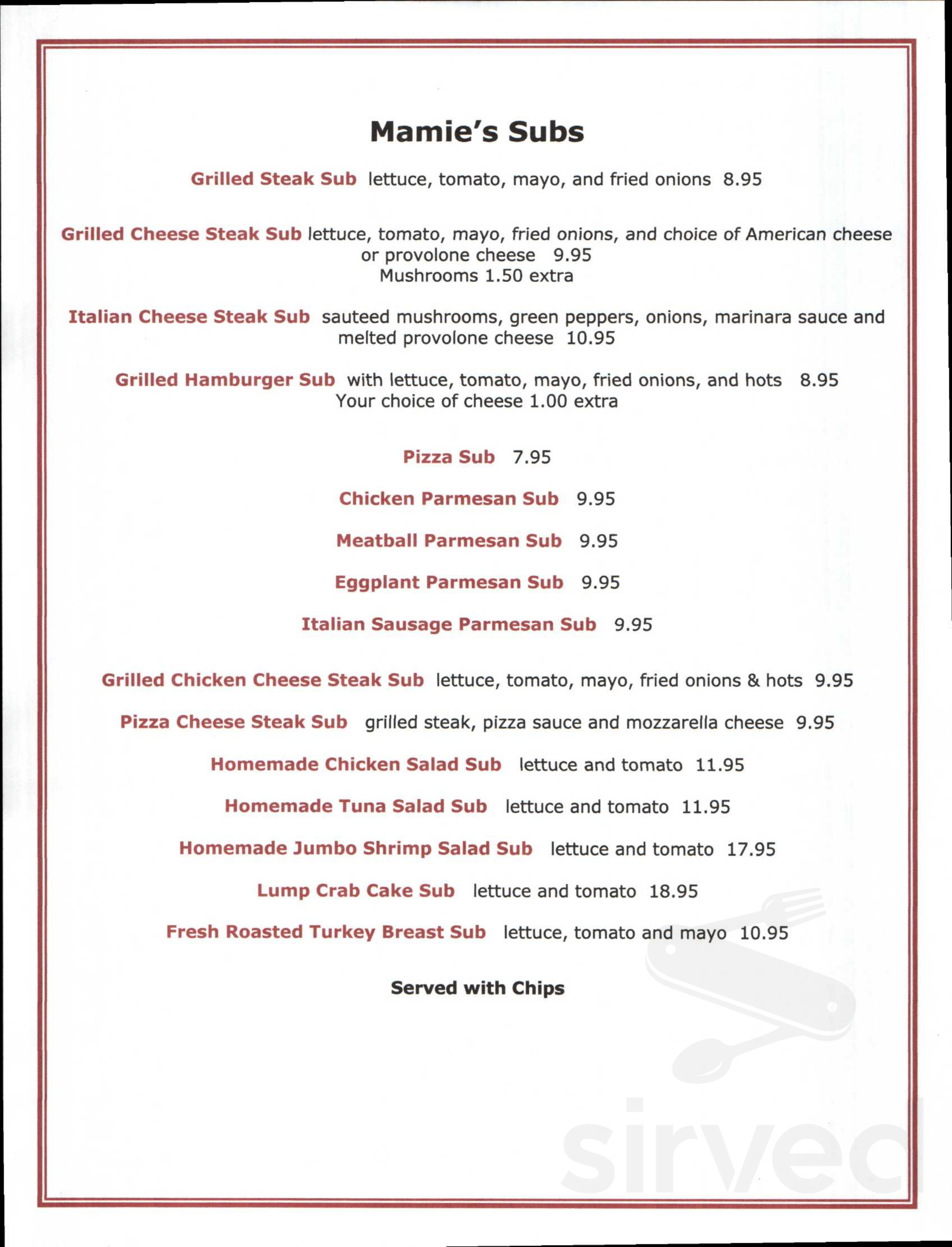 Mamie's Cafe menu in Aberdeen, Maryland, USA