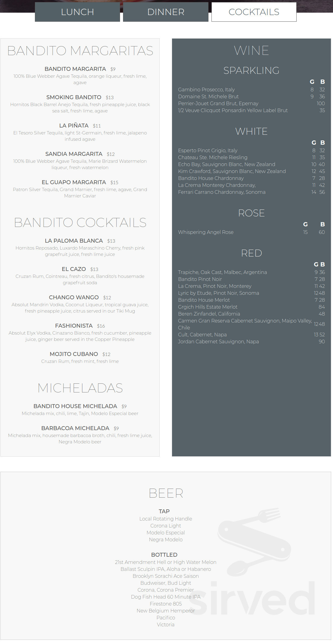 Bandito Latin Kitchen & Cantina menus in Las Vegas, Nevada, United States