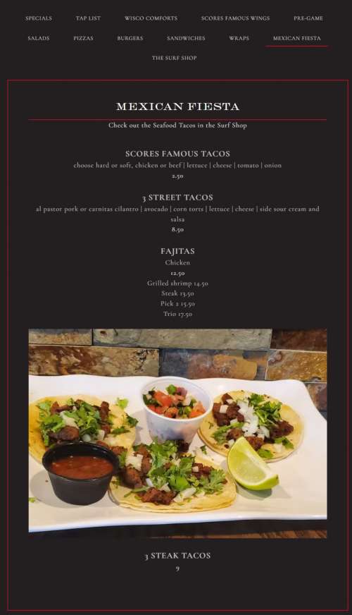 Scores menu in Racine, Wisconsin, USA