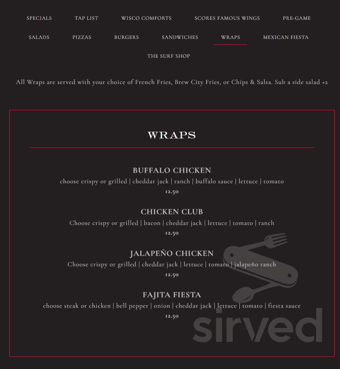 Menu - Racine WI's Scores | Sirved