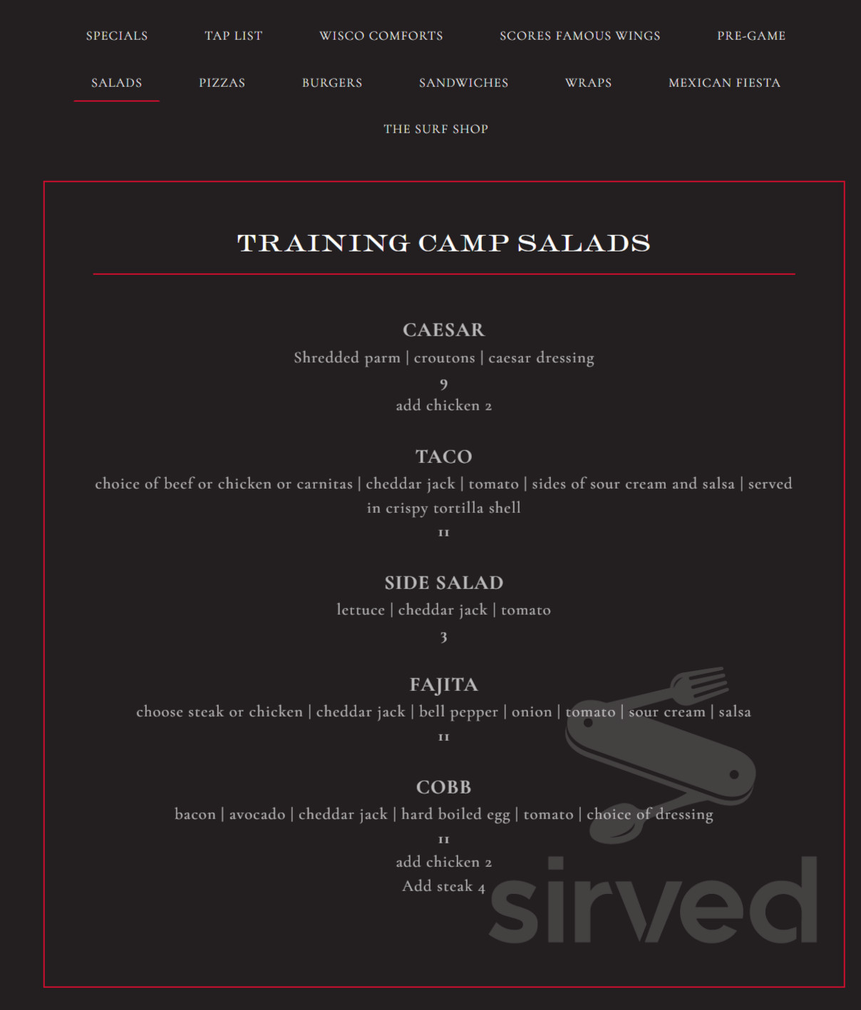 Menu - Racine WI's Scores | Sirved