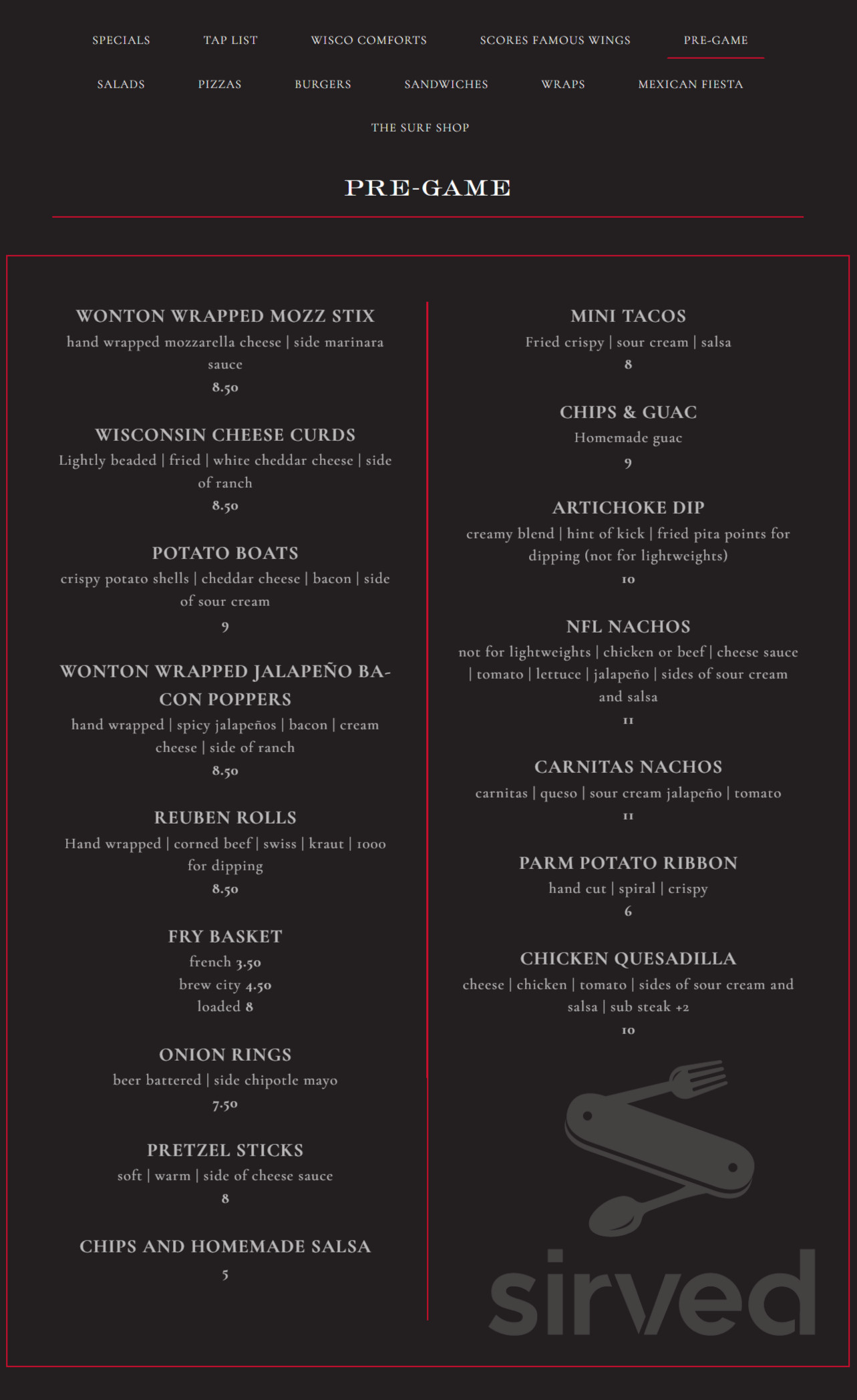 Scores menu in Racine, Wisconsin, USA