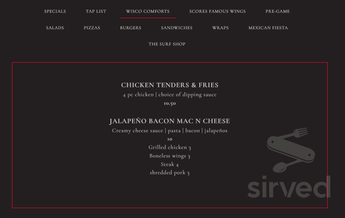 Scores menu in Racine, Wisconsin, USA