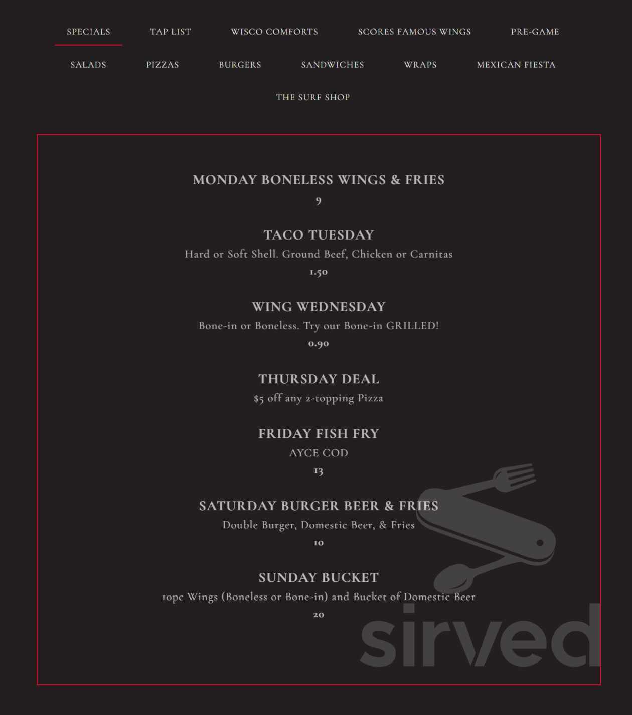 Scores menu in Racine, Wisconsin, USA