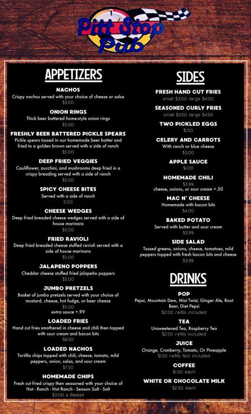 Pitt Stop Pub menu in Mercer, Pennsylvania, USA