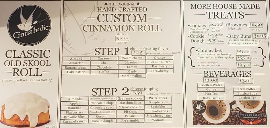 Cinnaholic menu in Schaumburg, Illinois, USA