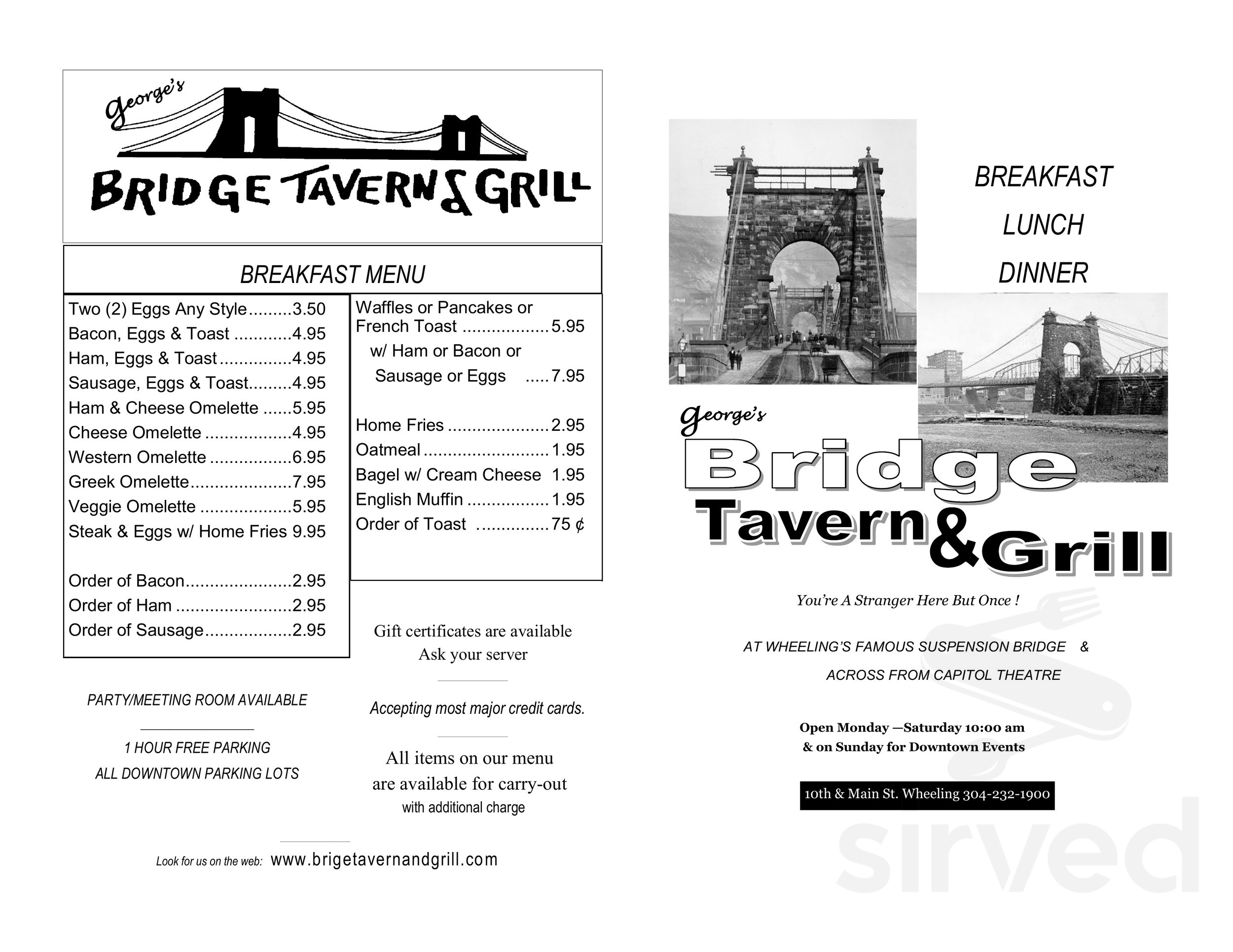 Menu for Bridge Tavern & Grill in Wheeling, WV | Sirved