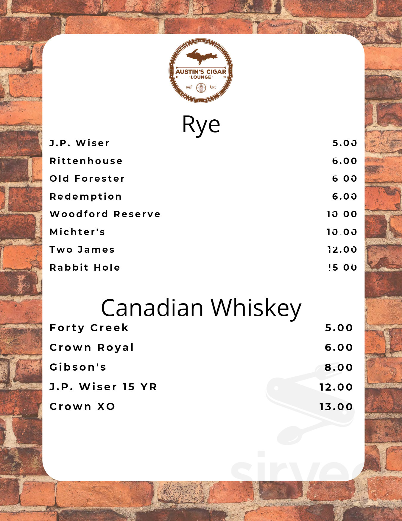 Austin's Cigar Lounge menu in Sault Ste. Marie, Michigan, USA