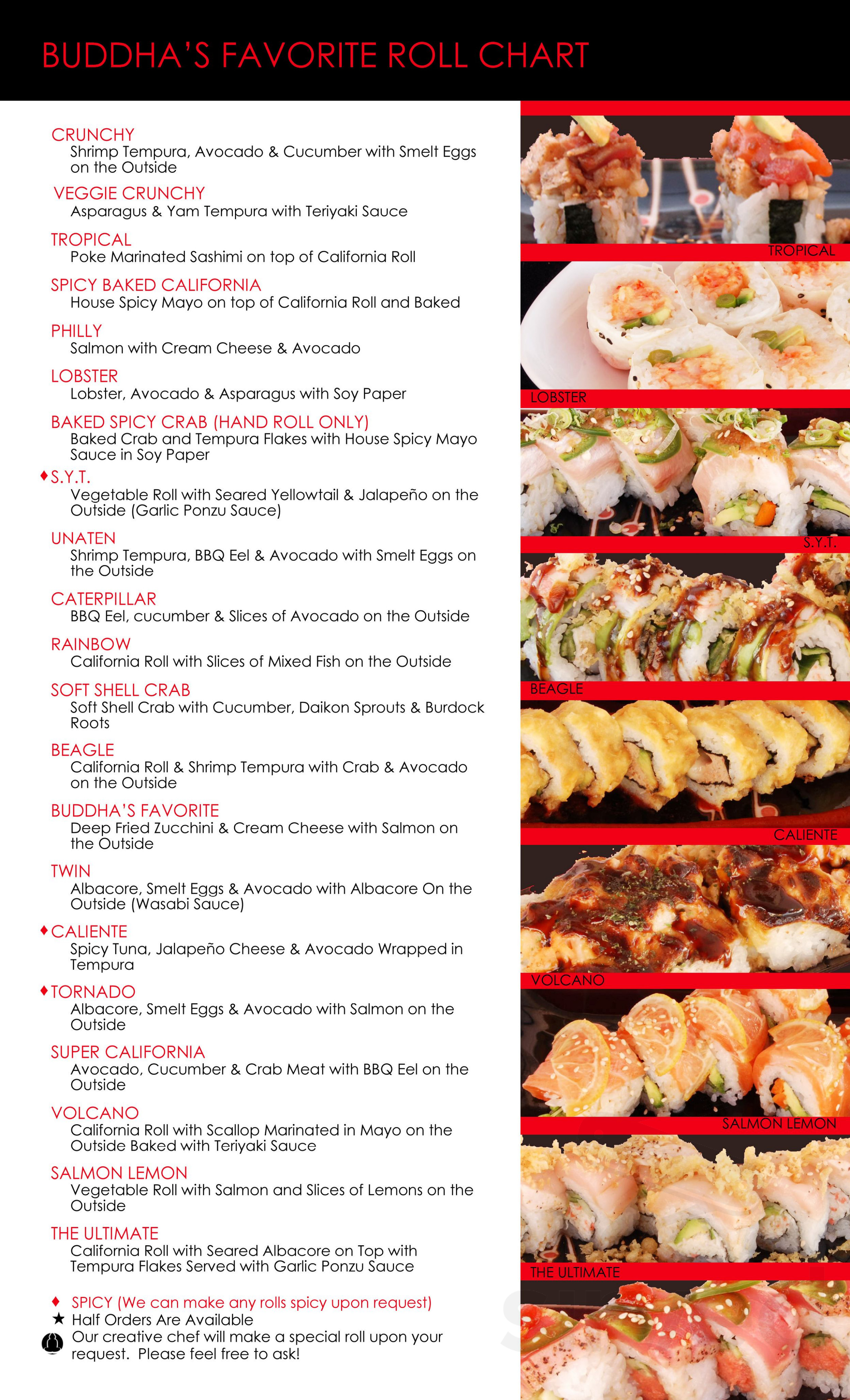 Buddha's Favorite menu in Newport Beach, California, USA