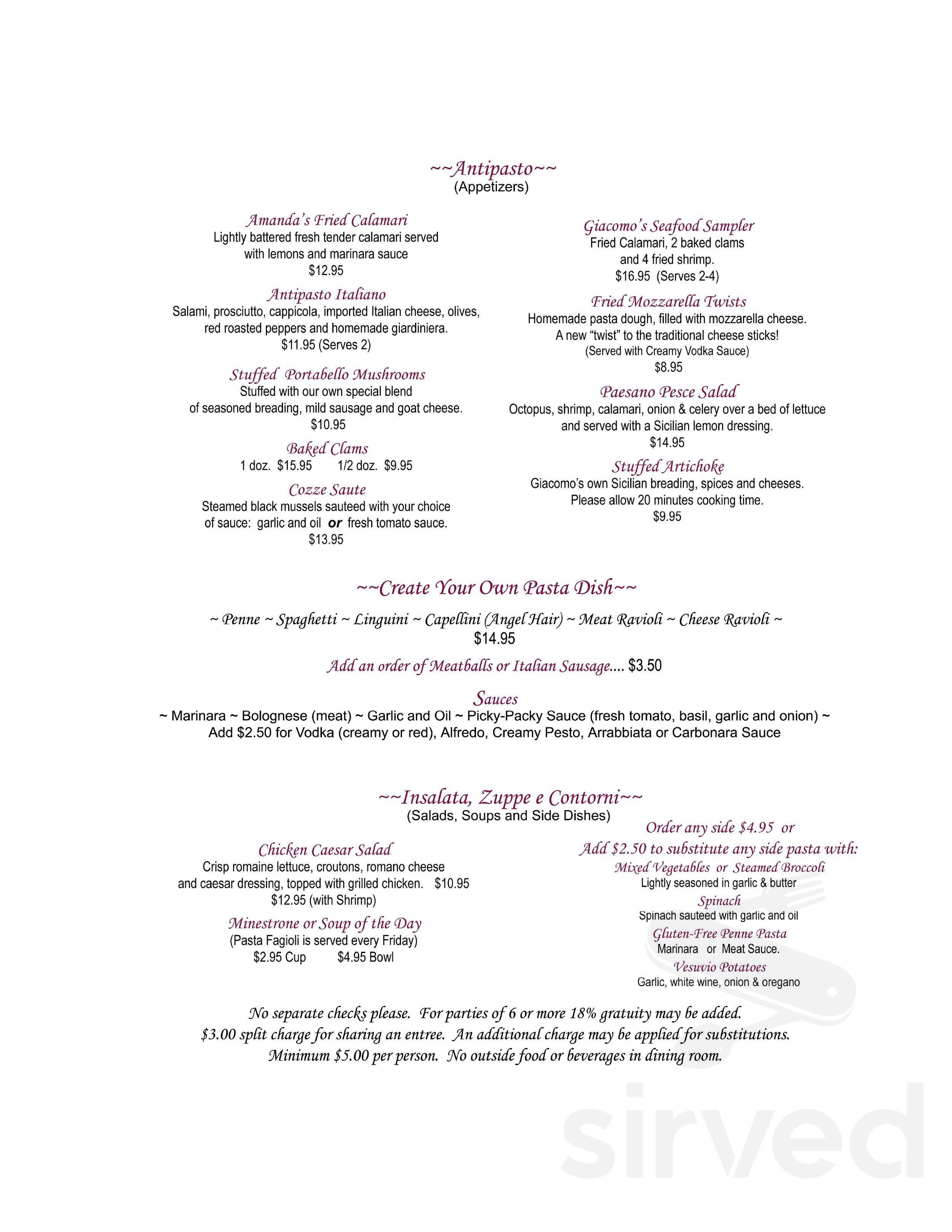Giacomo's Ristorante menu in Des Plaines, Illinois, USA
