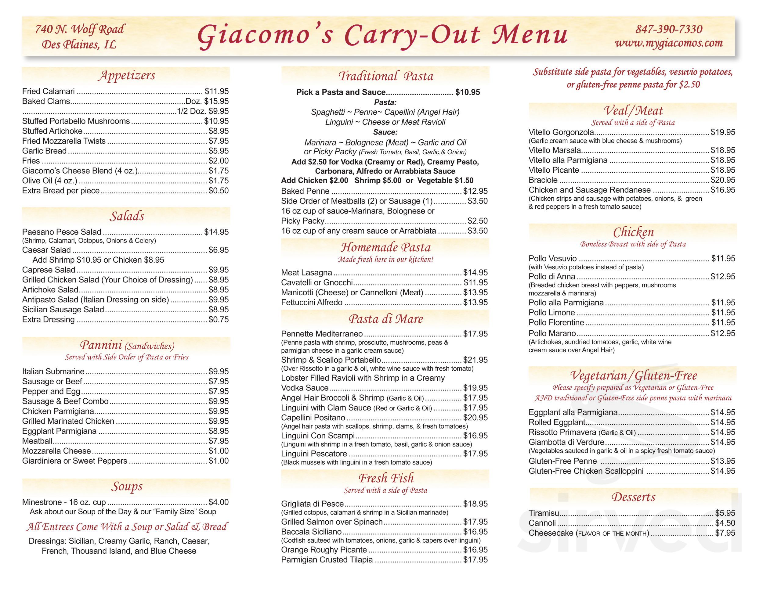 Giacomo's Ristorante menu in Des Plaines, Illinois, USA