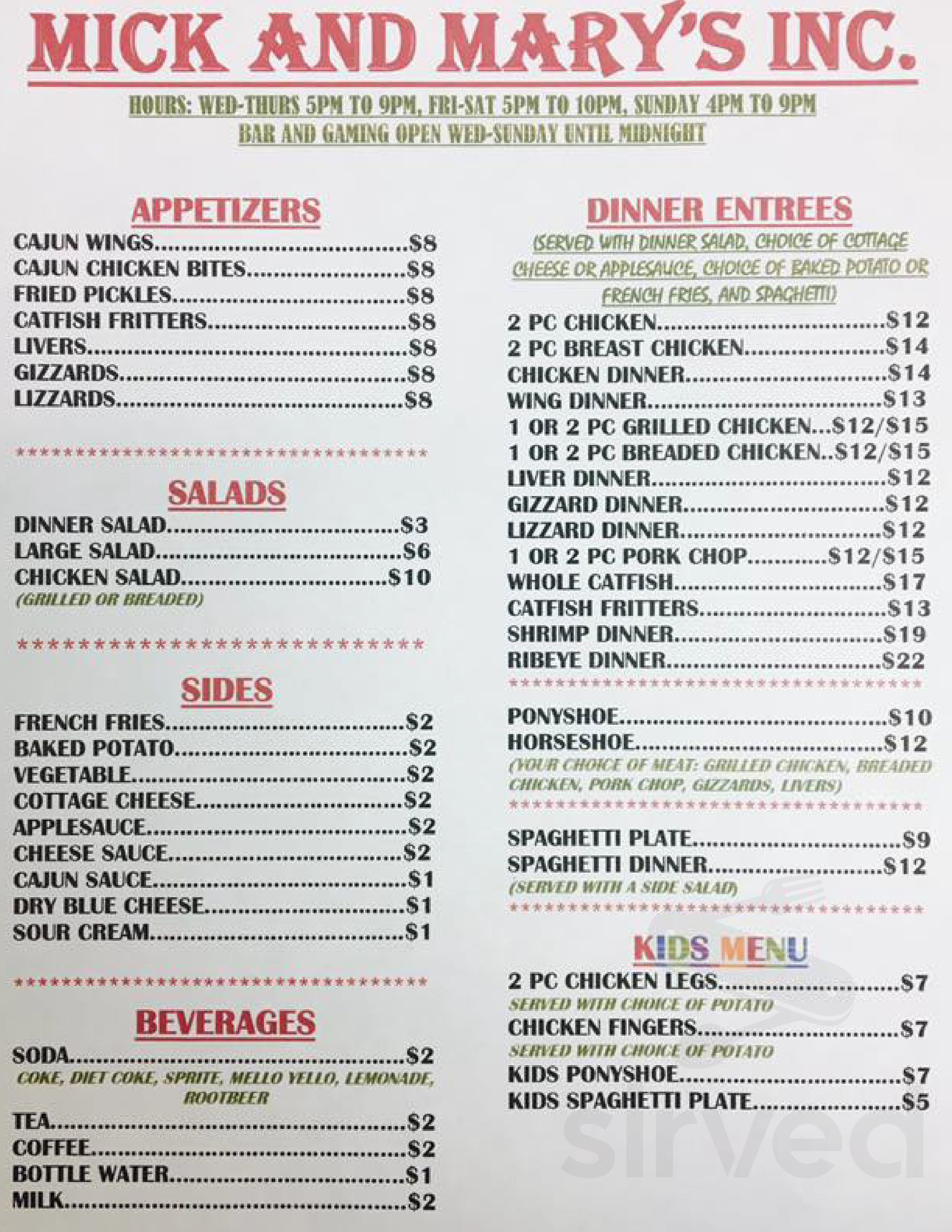 Mick and Mary's Inc. menu in Thayer, Illinois, USA