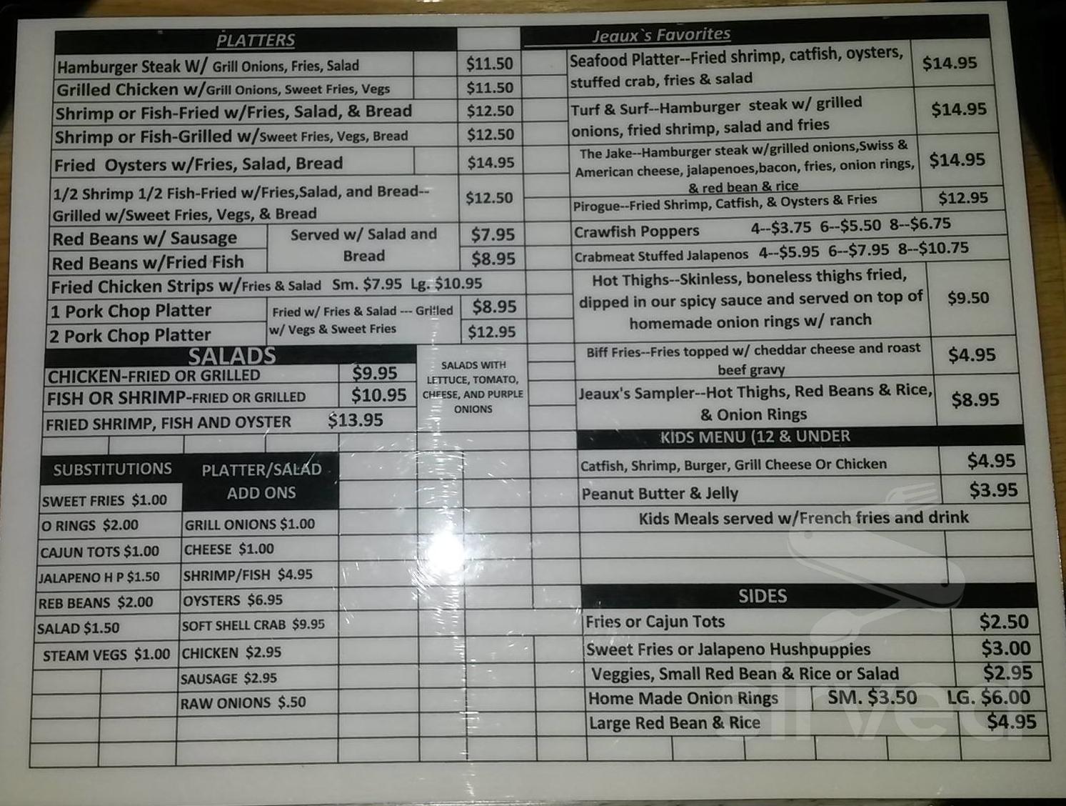 Jeaux Biffs menu in Breaux Bridge, Louisiana, USA