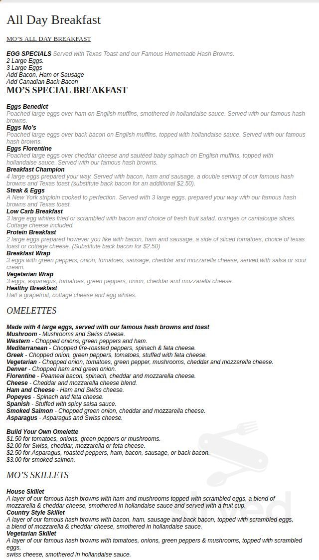 Menu - Oakville ON's Mo's Family Restaurant | Sirved