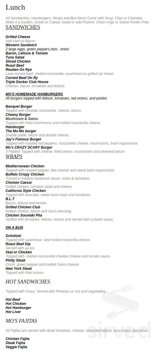 Mo's Family Restaurant menus in Oakville, Ontario, Canada