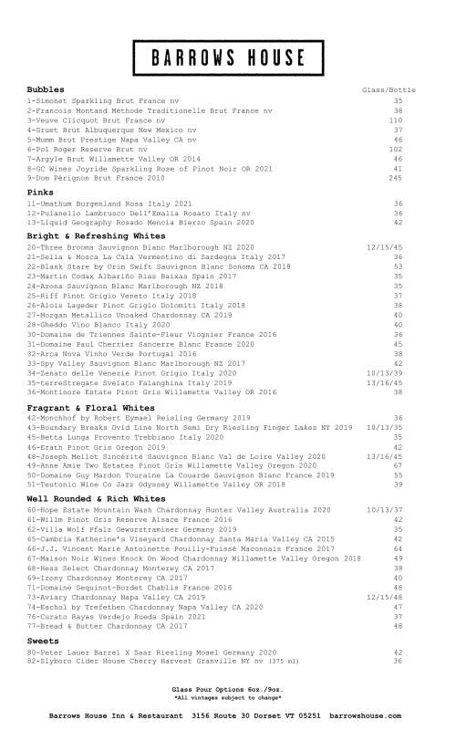 Barrows House Inn & Restaurant menu in Dorset, Vermont, USA
