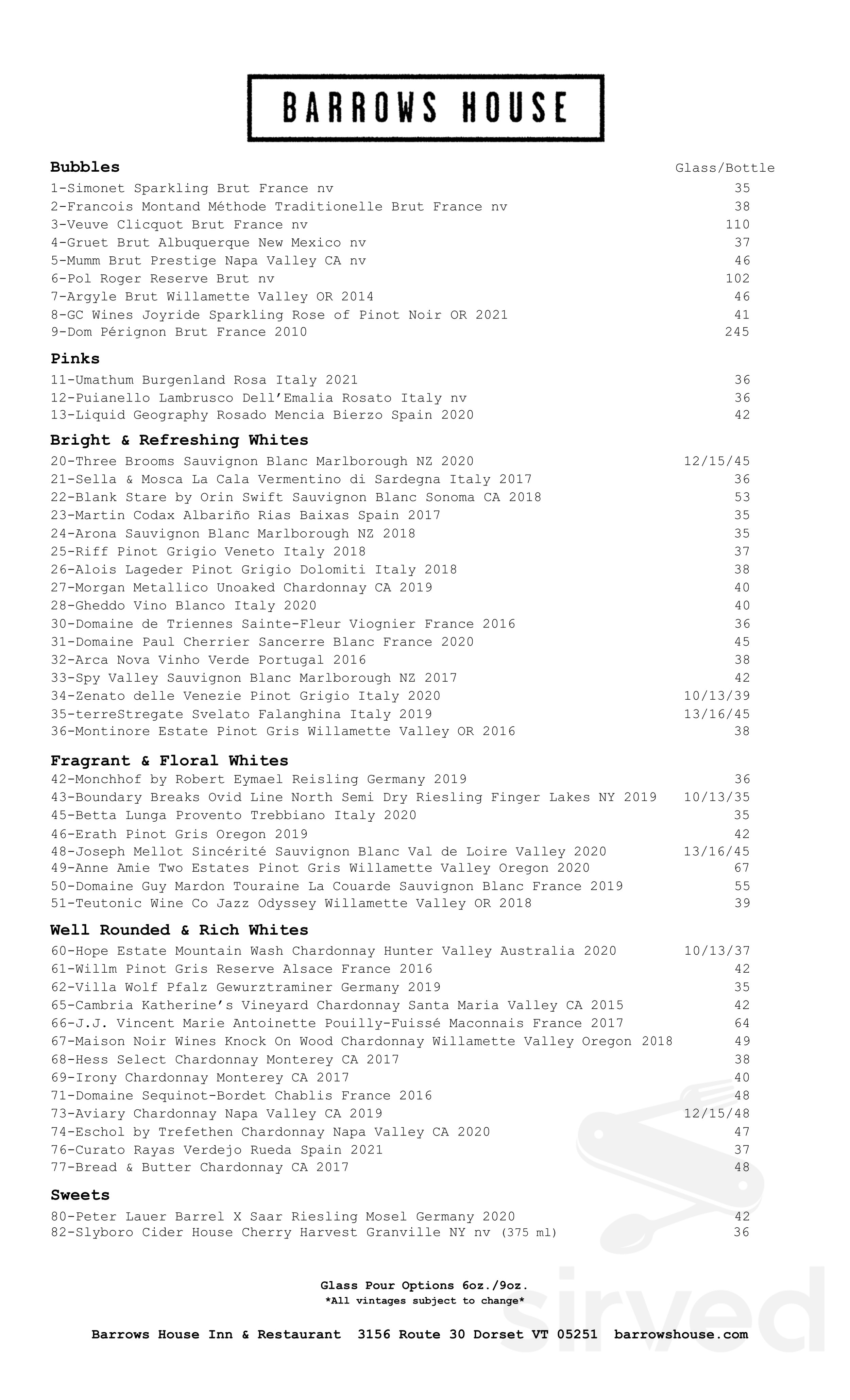 Menu for Barrows House Inn & Restaurant in Dorset, VT | Sirved