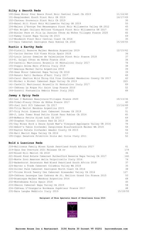 Barrows House Inn & Restaurant menu in Dorset, Vermont, USA