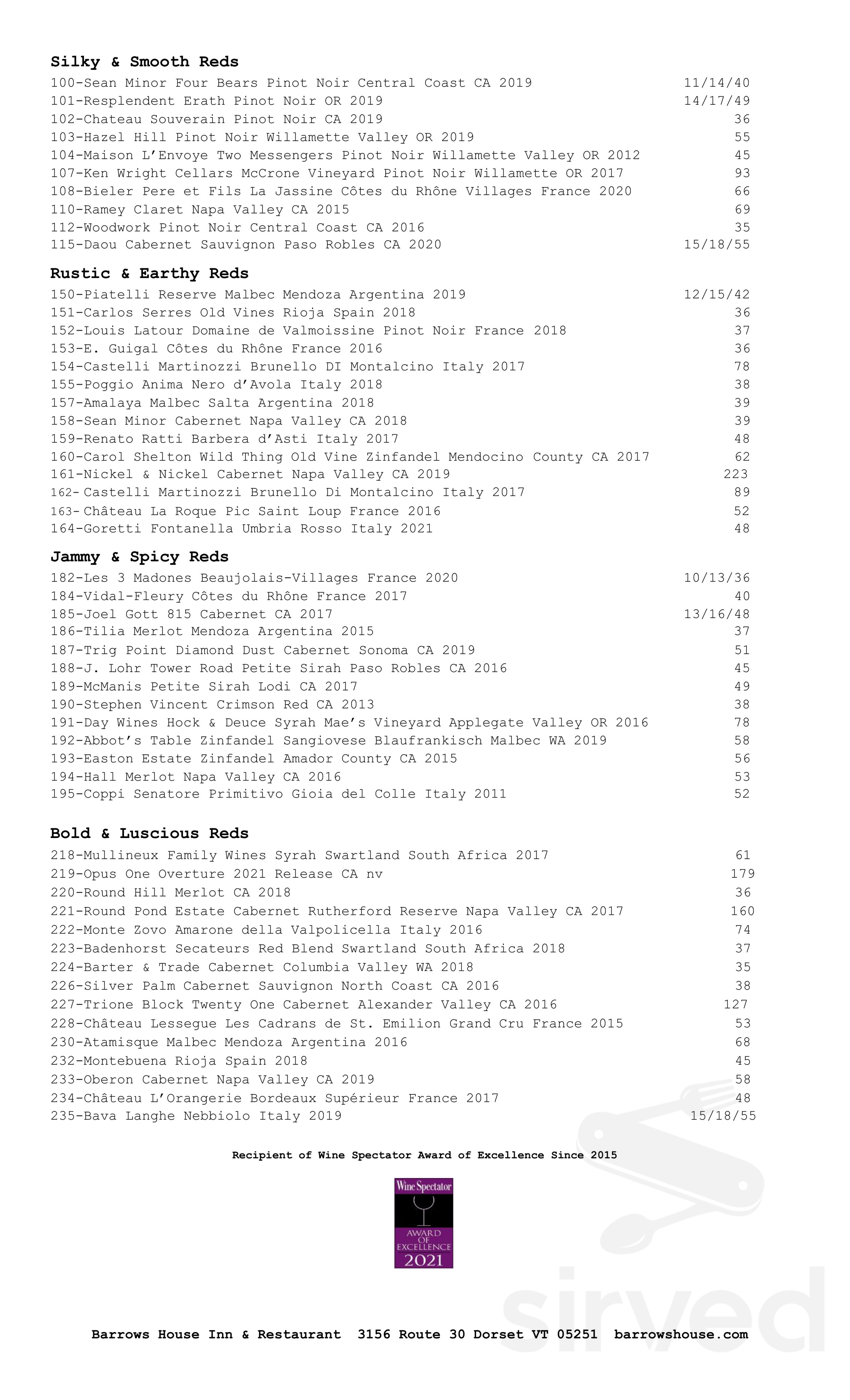 Barrows House Inn & Restaurant menu in Dorset, Vermont, USA