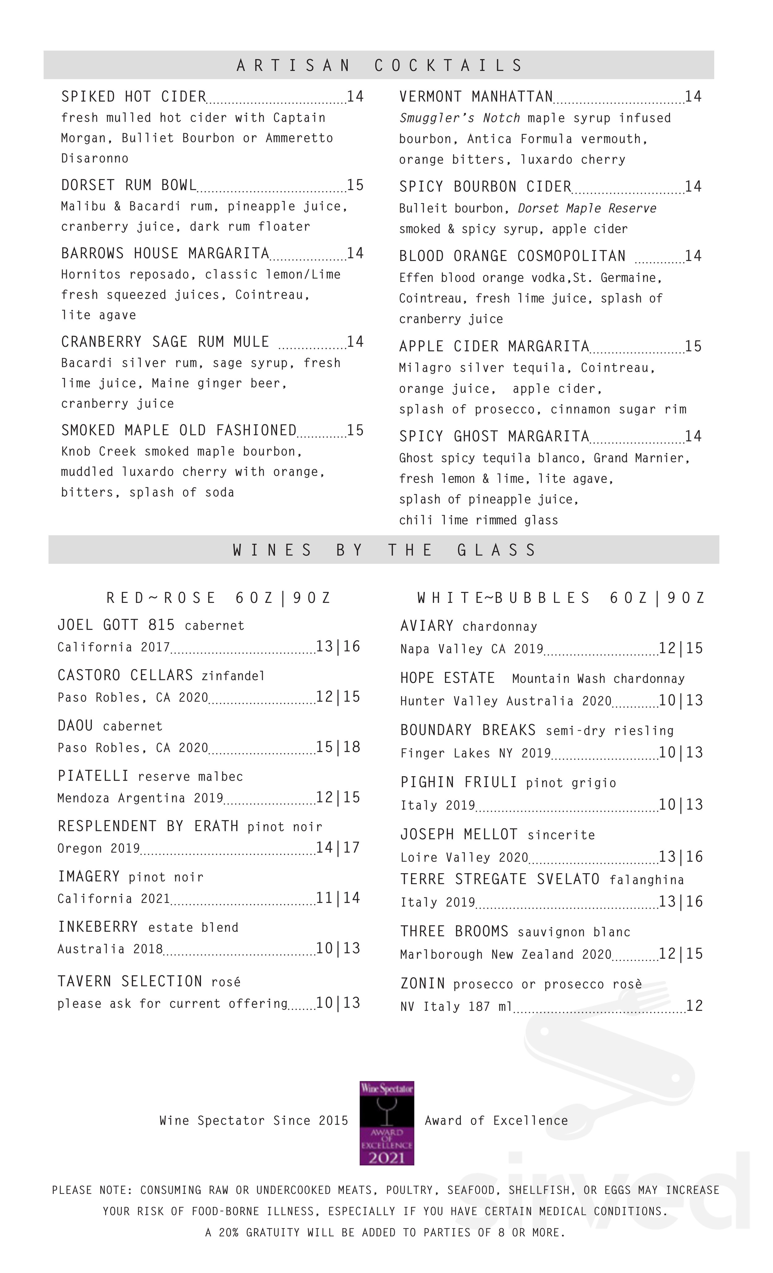 Barrows House Inn & Restaurant menu in Dorset, Vermont, USA