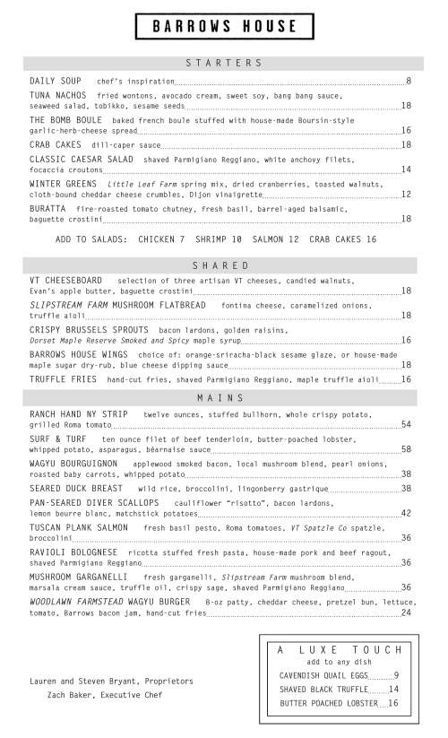 Barrows House Inn & Restaurant menu in Dorset, Vermont, USA