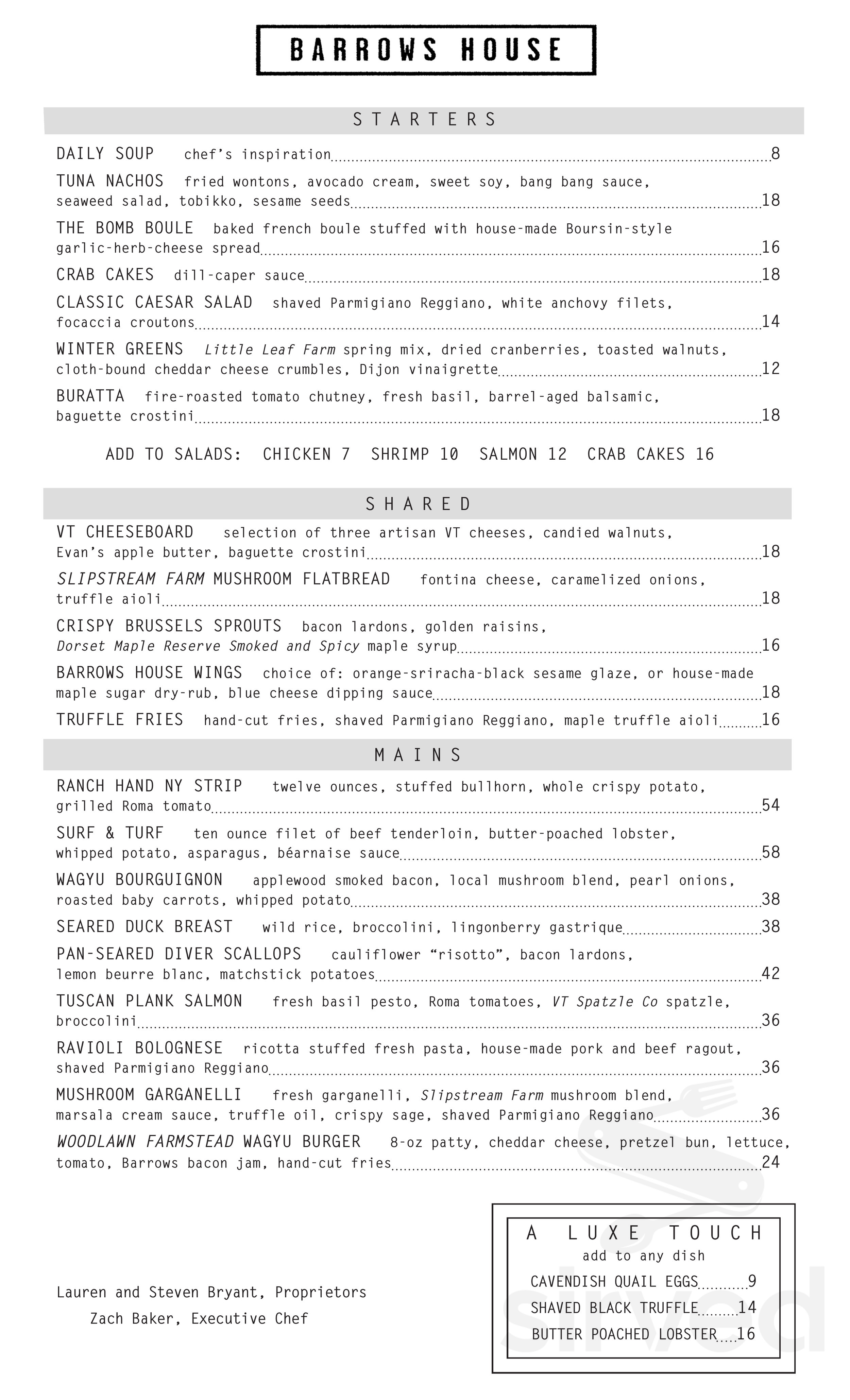 Barrows House Inn & Restaurant menu in Dorset, Vermont, USA