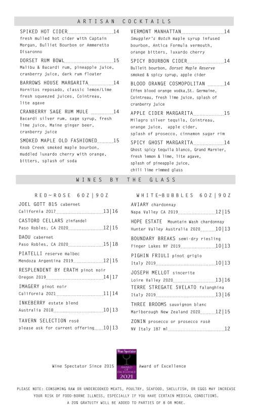 Barrows House Inn & Restaurant menu in Dorset, Vermont, USA
