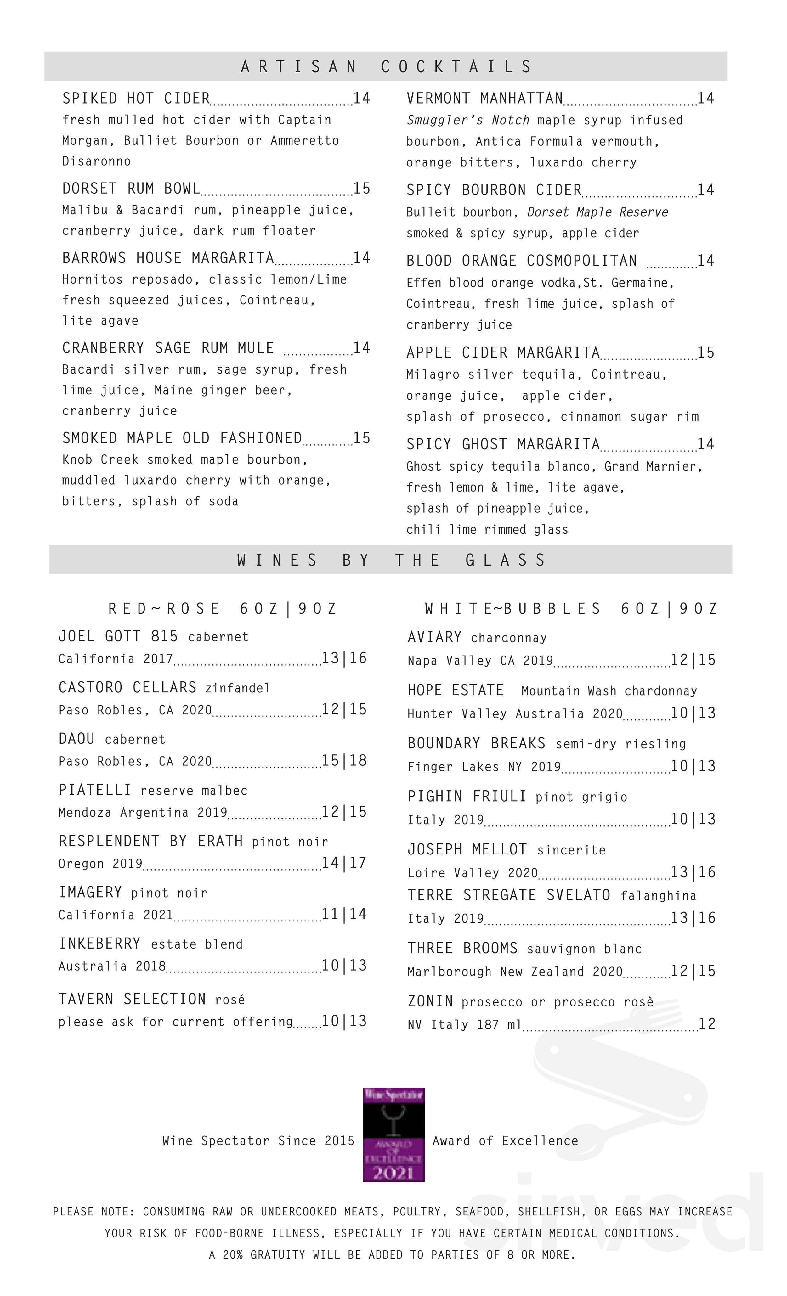 Barrows House Inn & Restaurant menu in Dorset, Vermont, USA
