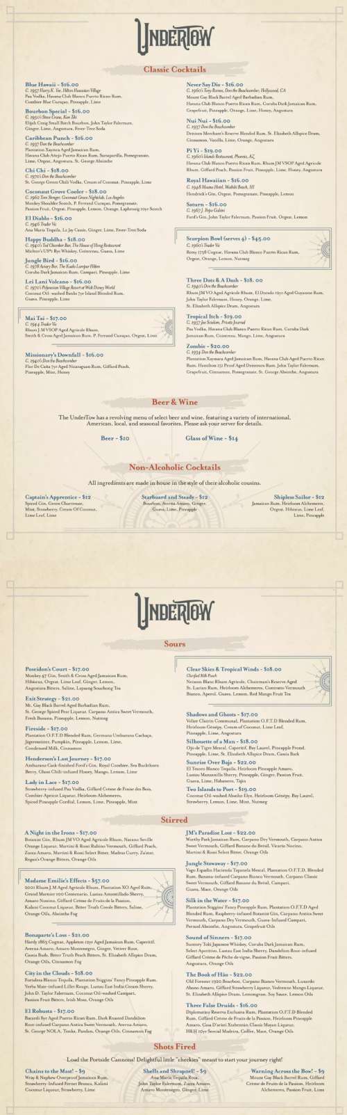 UnderTow Arcadia menu in Phoenix, Arizona, USA
