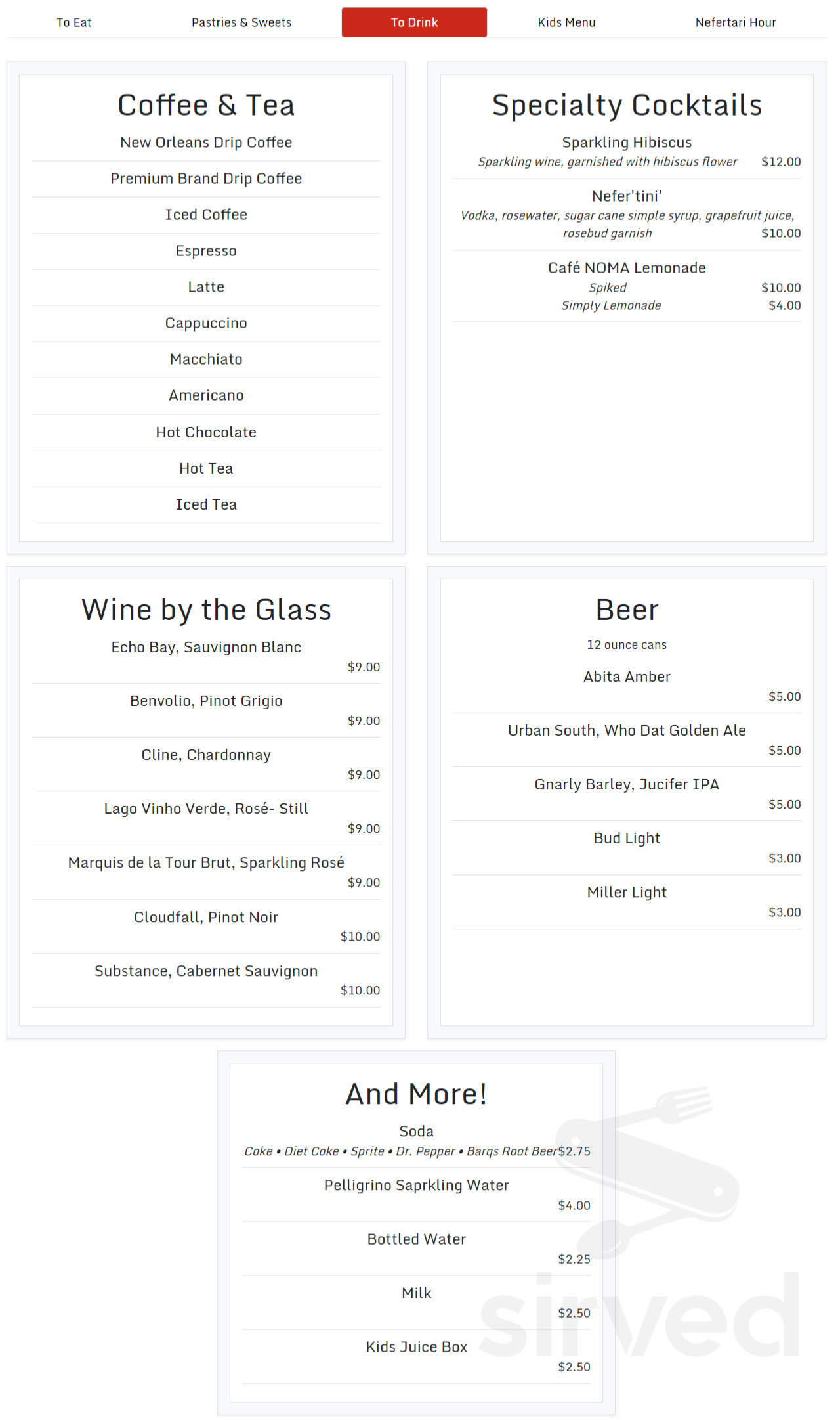 Menu for Cafe NOMA in New Orleans, Louisiana, United States