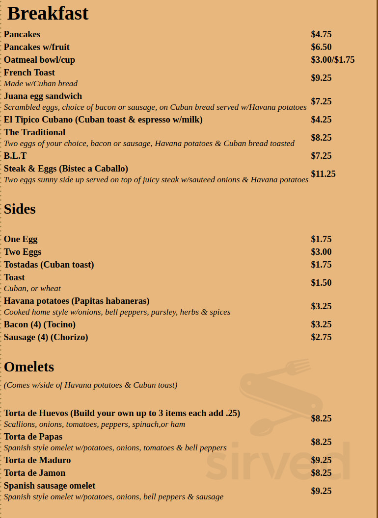 Menu - Fort Lauderdale FL's Juana La Cubana Cafe | Sirved