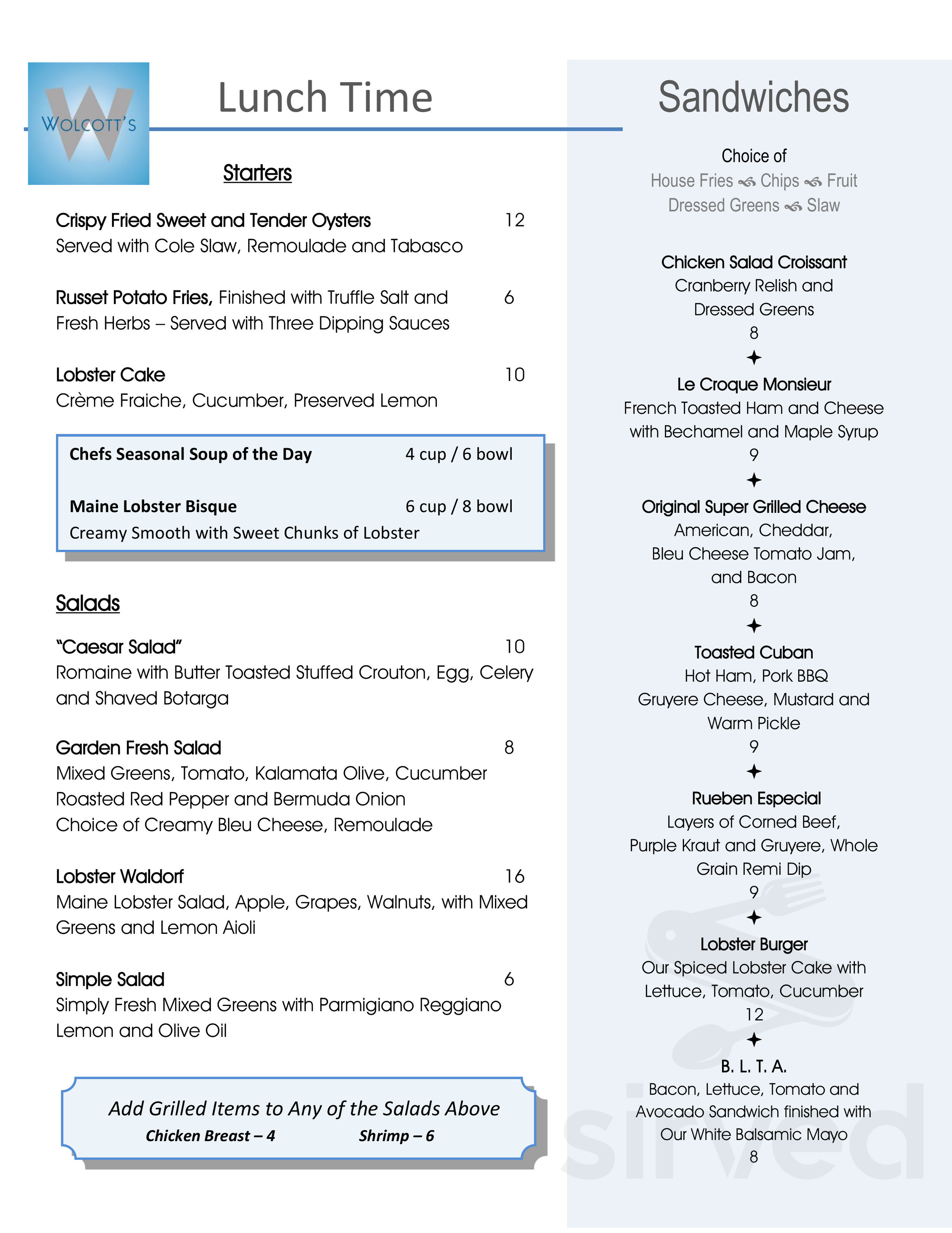 Wolcott's menu in Southern Pines, North Carolina, USA