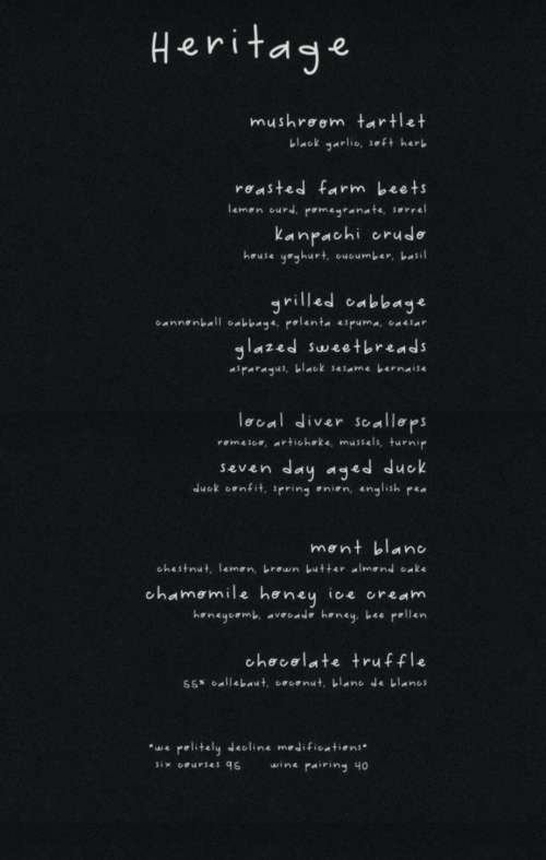 Heritage menu in Long Beach, California, USA