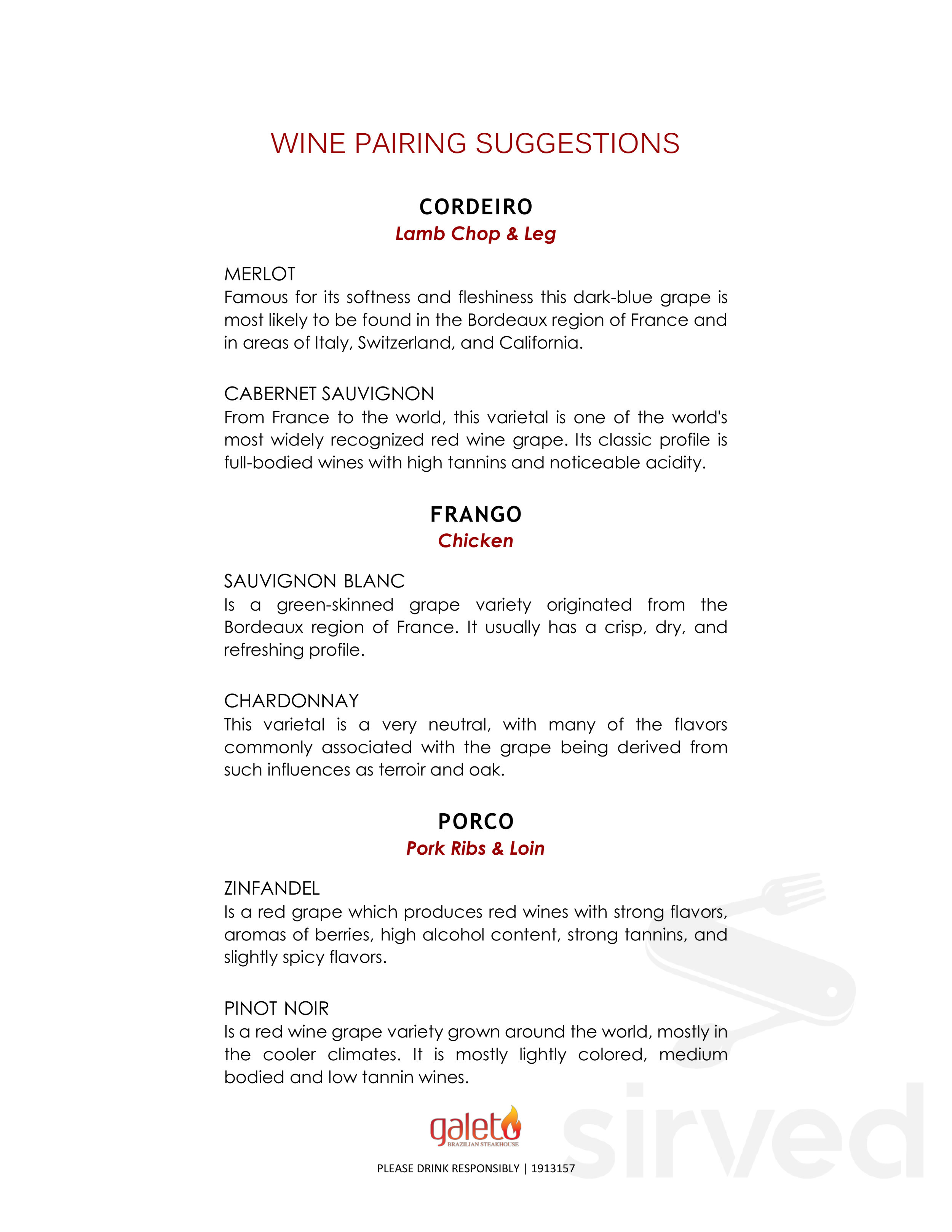 Galeto Brazilian Steakhouse menu in Chandler, Arizona, USA